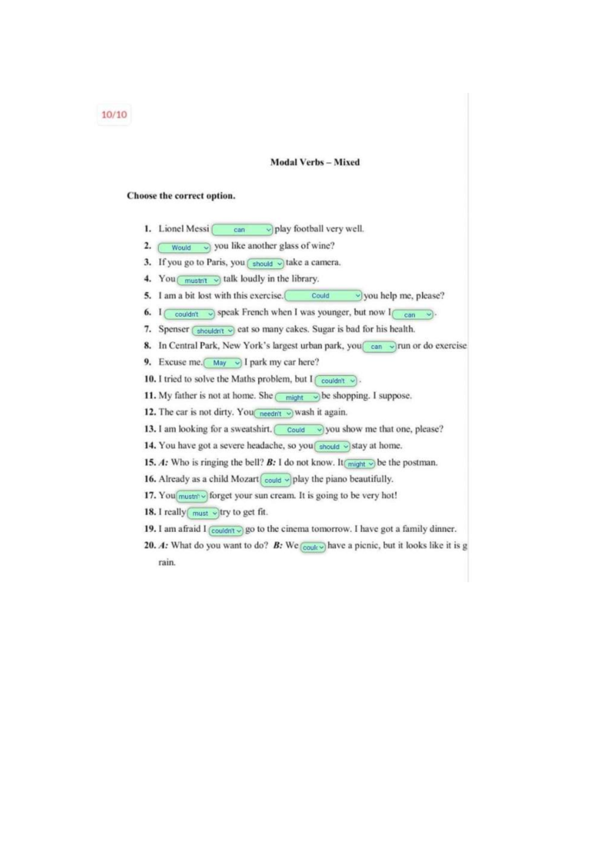 Modals Verbs Exercise Activity 1 - Correct Options Selection - Studocu