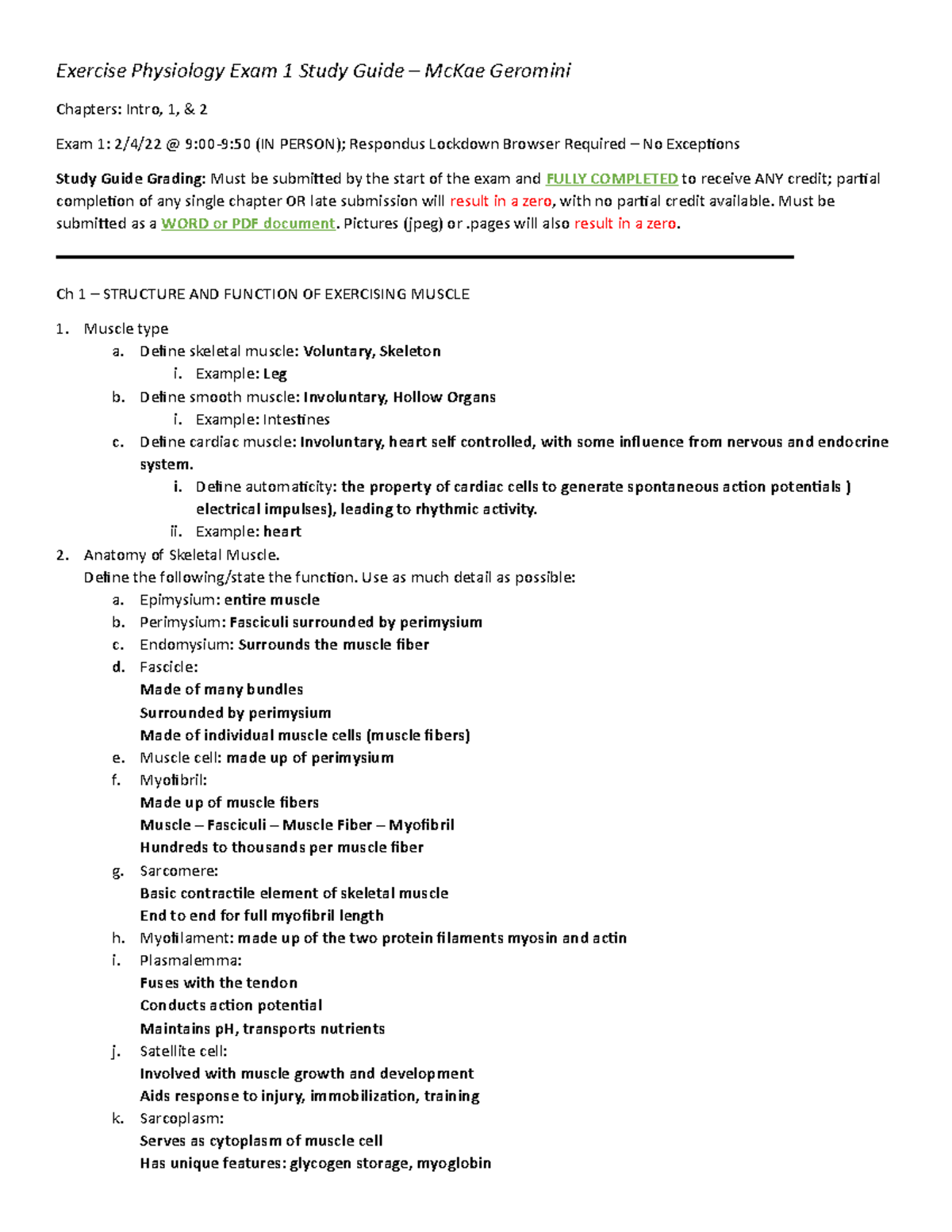 Ex Phys Exam 1 Ch 1 Study Guide - Exercise Physiology Exam 1 Study ...