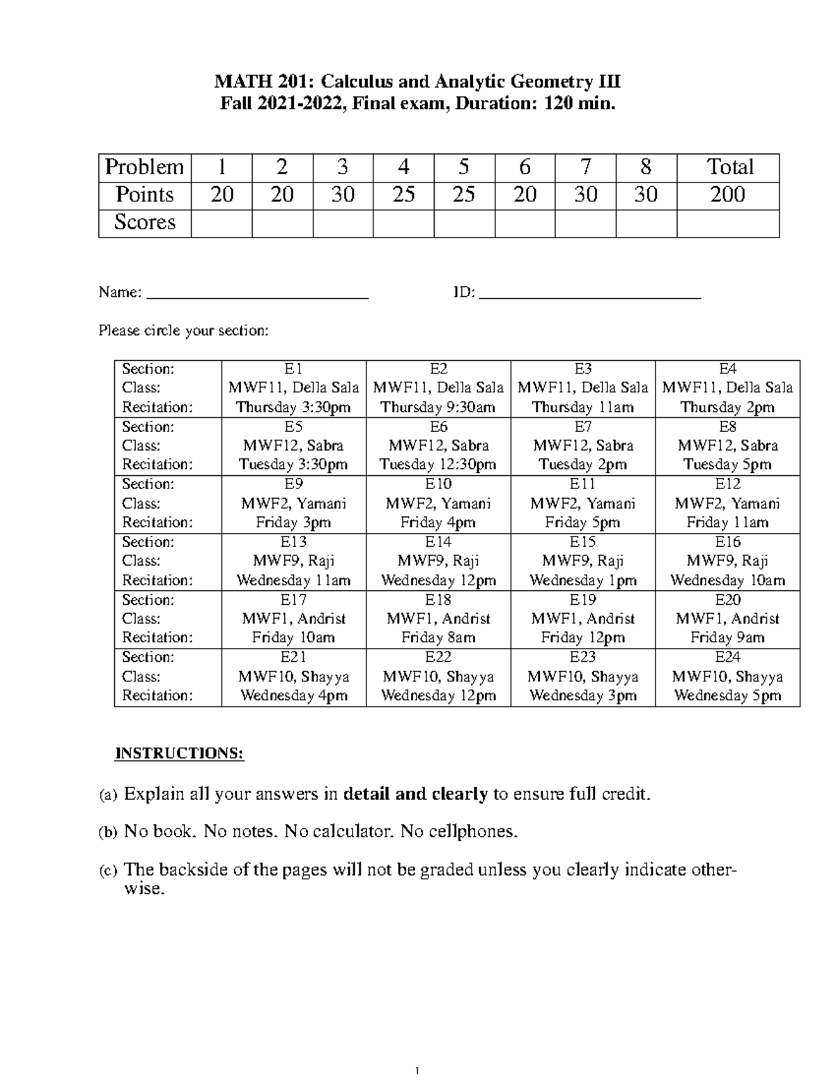 MATH 201: Calculus & Analytic Geometry Fall Final Exam 2021 - Studocu