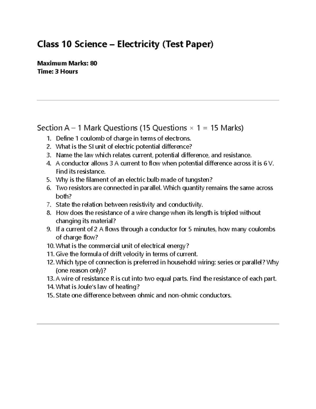 Class 10 Science Electricity Test Paper (Max Marks: 80) - Studocu