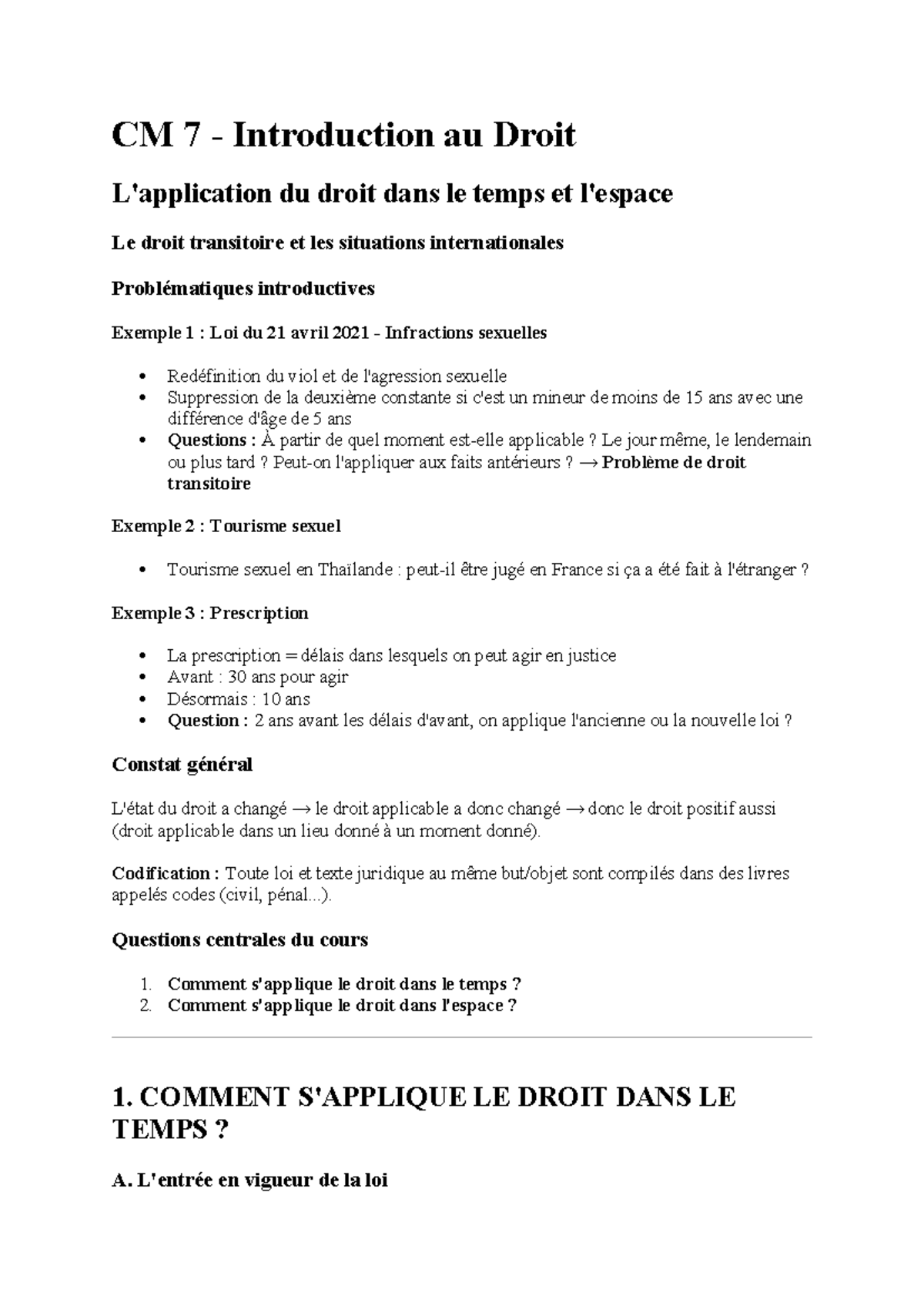 CM 7 Introduction au Droit : Droit du Temps et Droit Transitoire - Studocu
