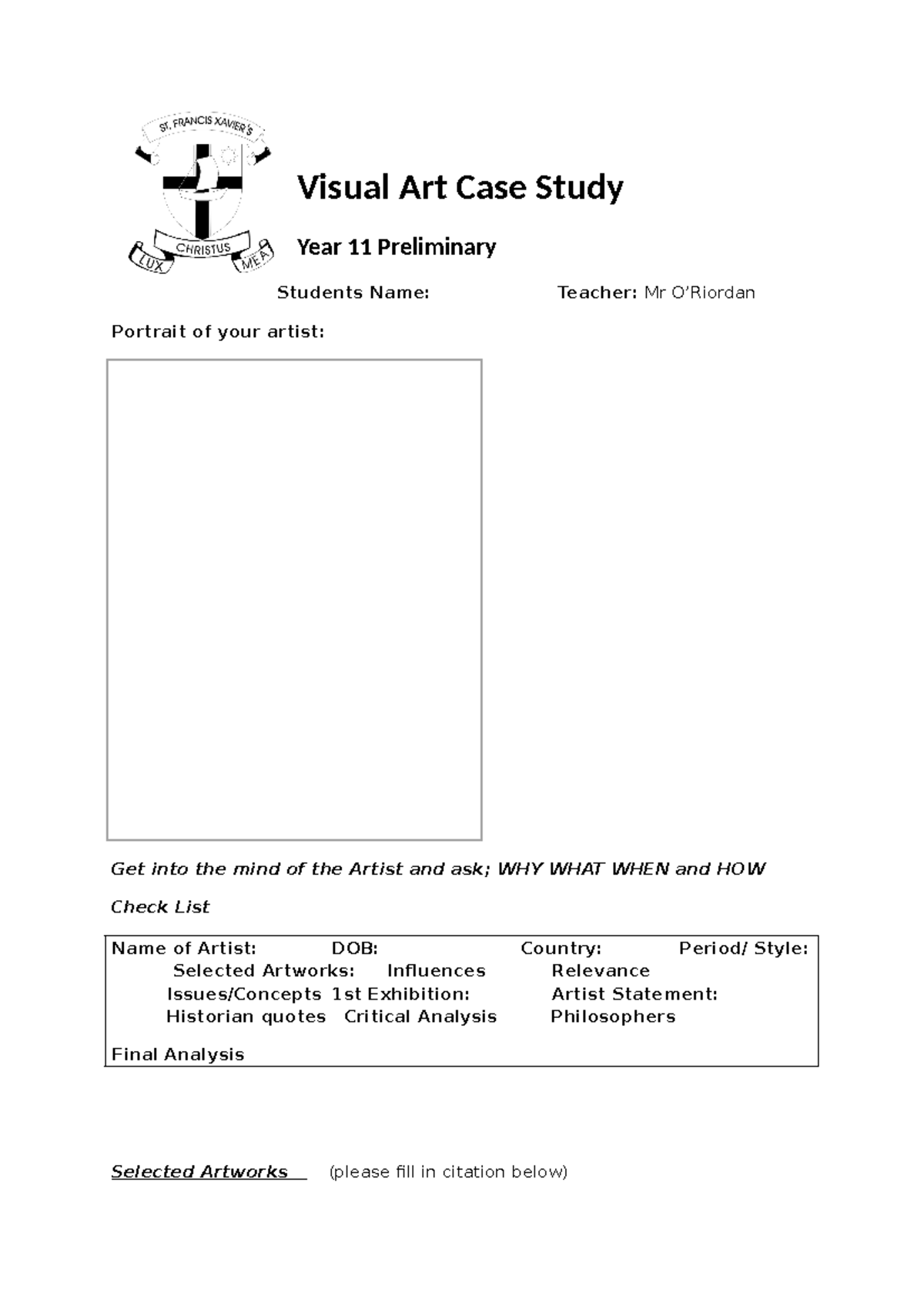 Visual Art Case Study Template for Year 11 Preliminary Students - Studocu
