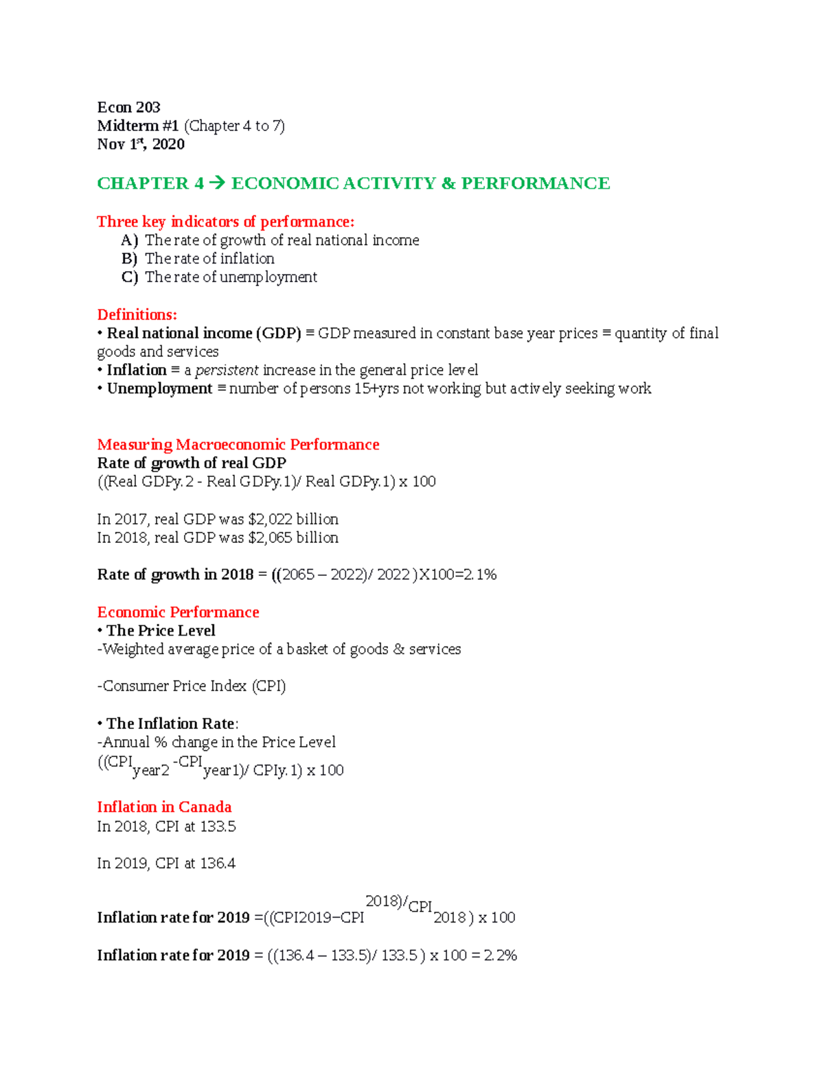 Econ 203 Midterm 1 Revision - Econ 203 Midterm #1 (Chapter 4 to 7) Nov ...