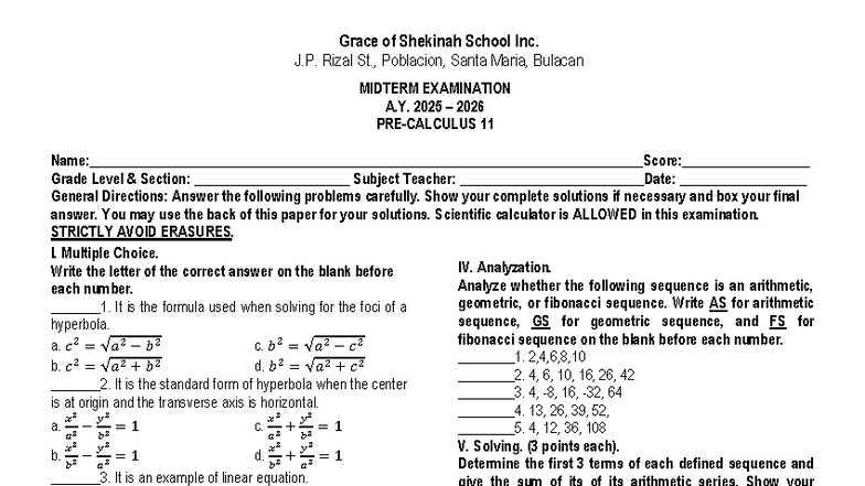 Pre-Calculus 11 MIDTERM EXAM A.Y. 2025-2026 Solutions & Analysis - Studocu