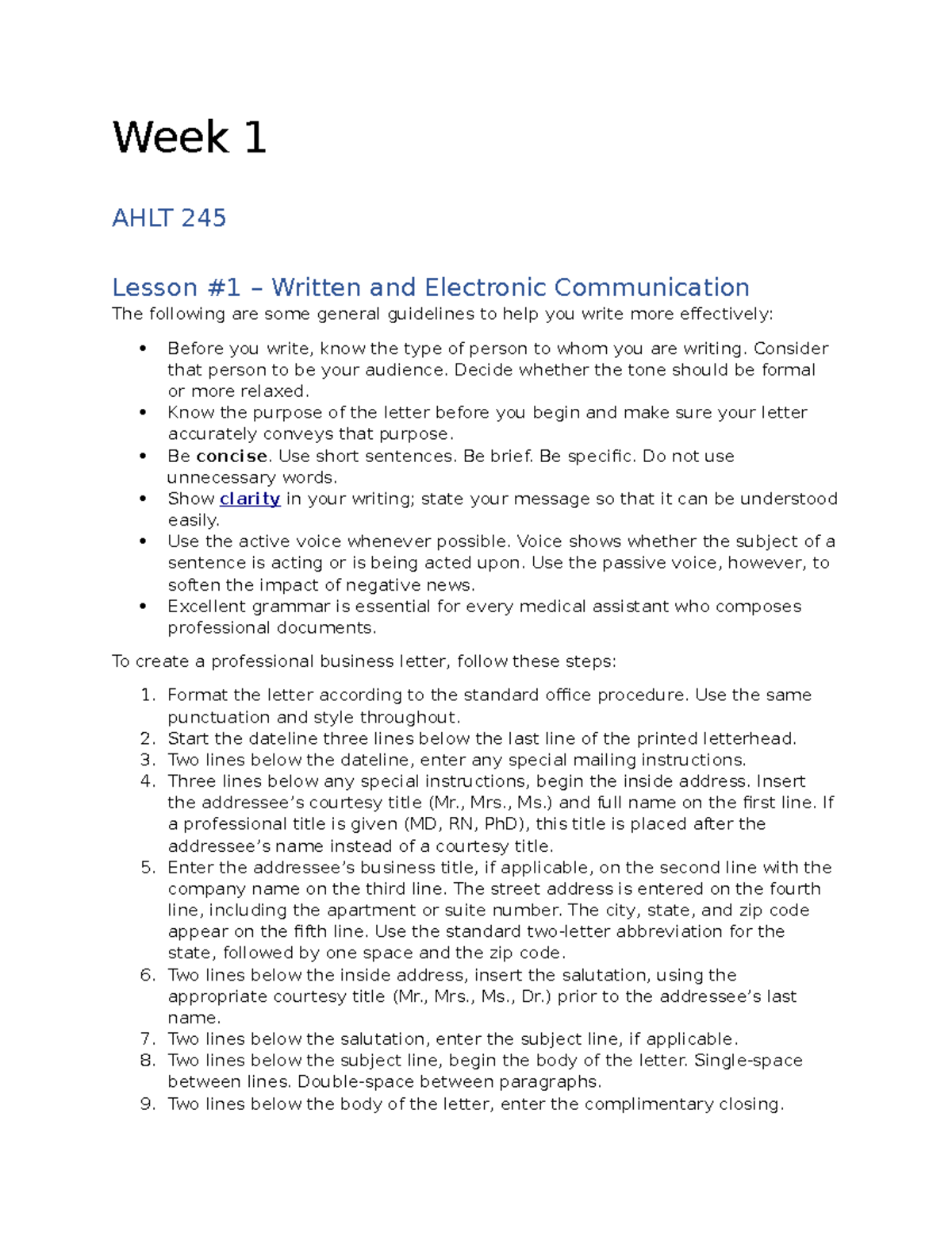 AHLT 245 Week 1 Lecture: Effective Written & Electronic Communication ...