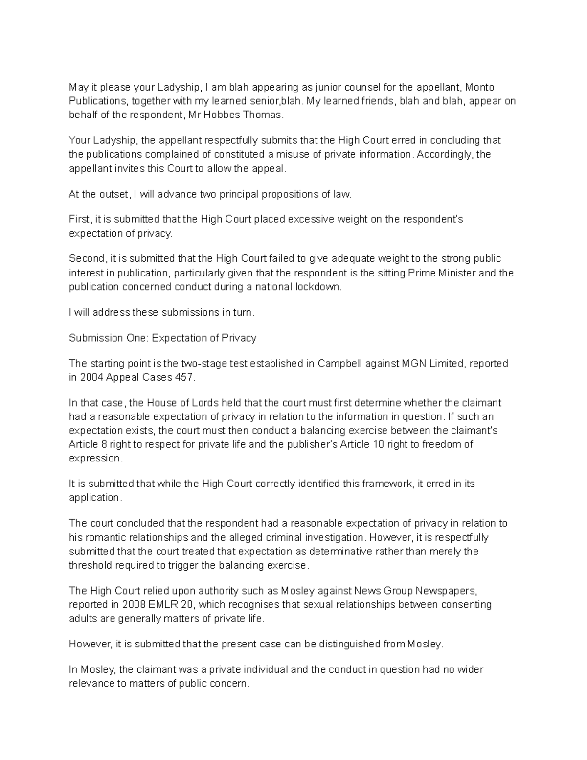 TORT MOOT - Appellant's Speech on Privacy and Public Interest - Studocu