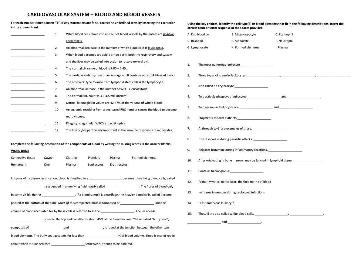 Cardiovascular System: Blood and Blood Vessels Study Guide (BIO101 ...