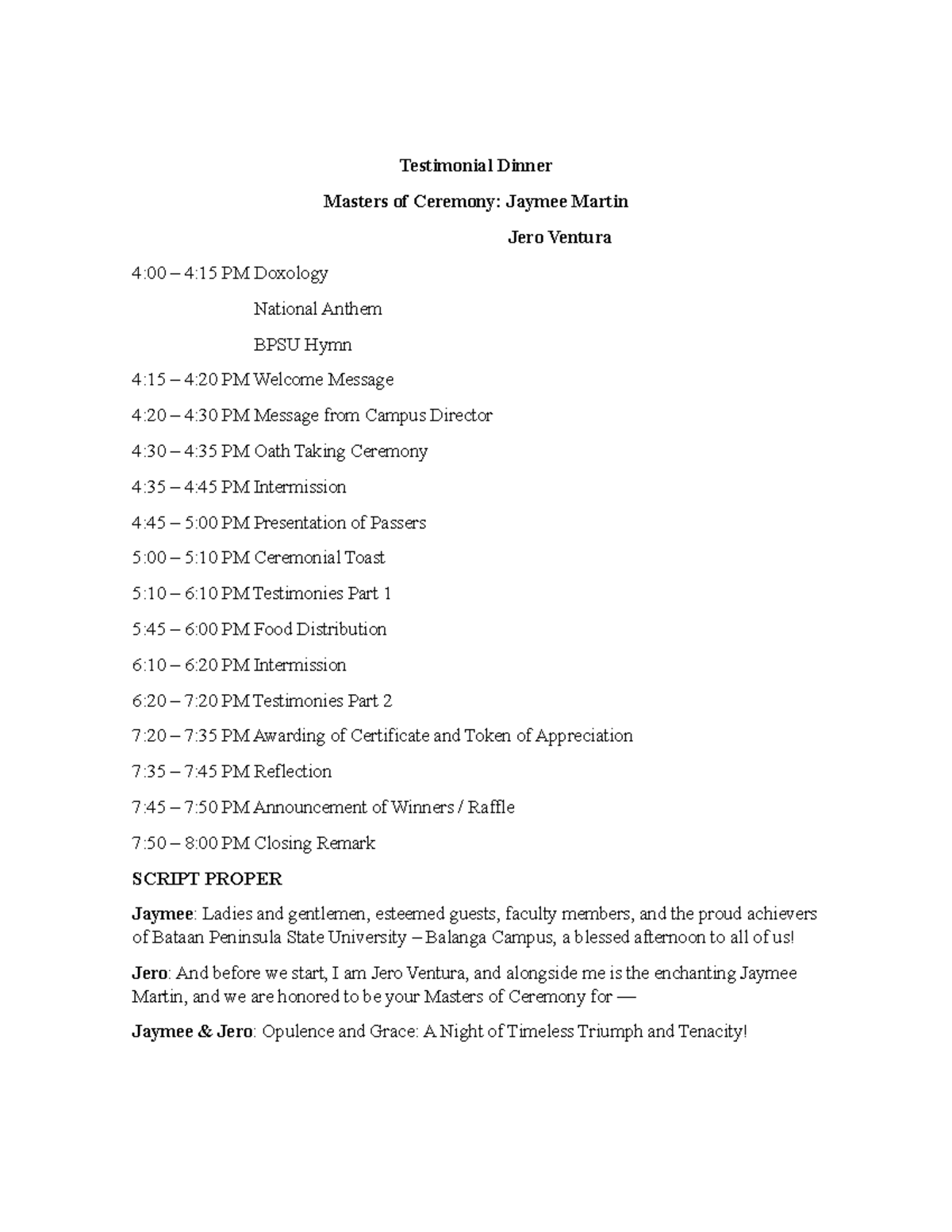 BPSU Accountancy Testimonial Dinner Masters of Ceremony Script - Studocu