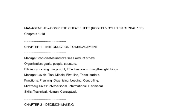 MANAGEMENT COMPLETE CHEAT SHEET (ROBINS COULTER GLOBAL 15E) - Studocu