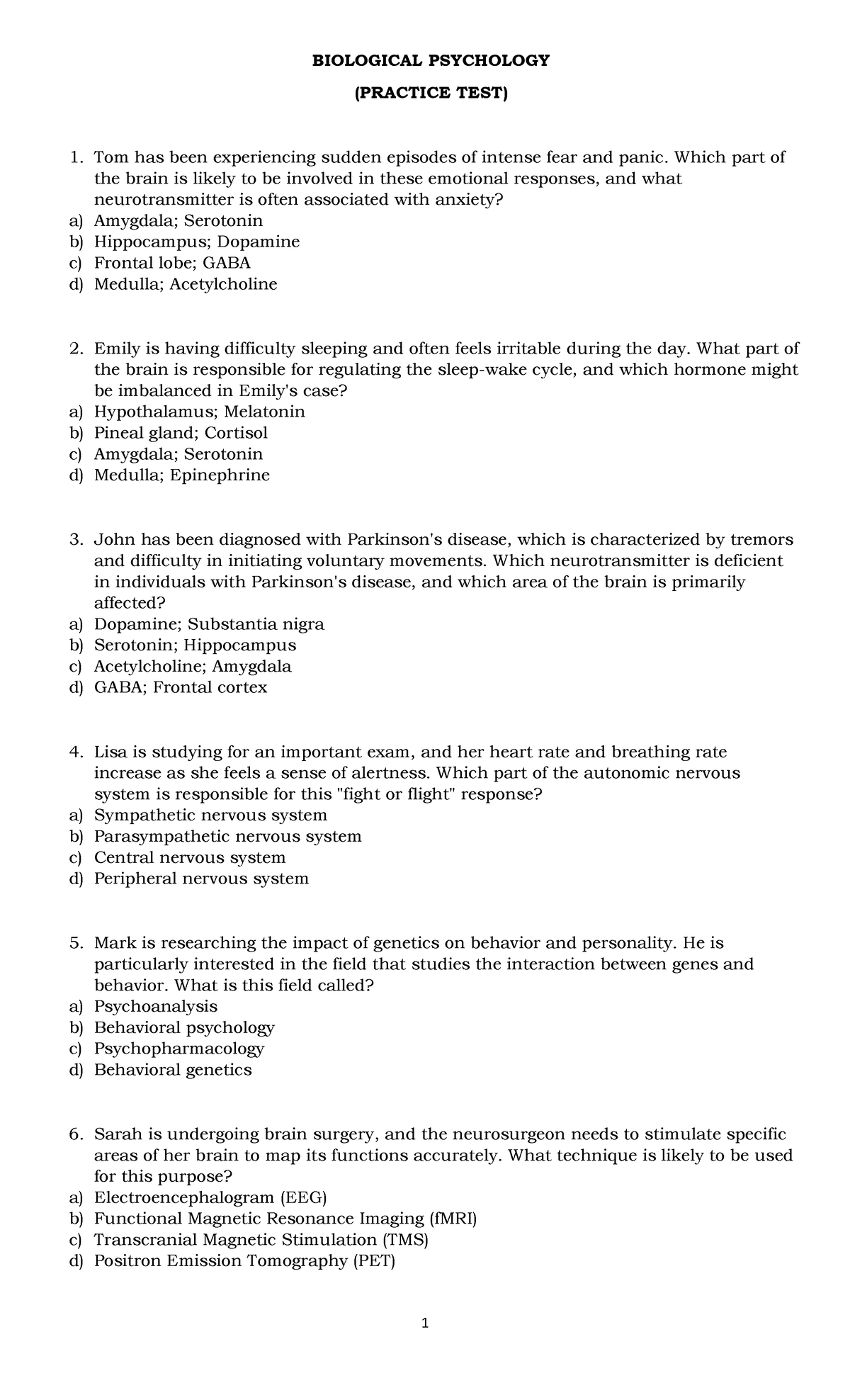 Biological Psychology Practice Test: Situational Questions & Answers ...