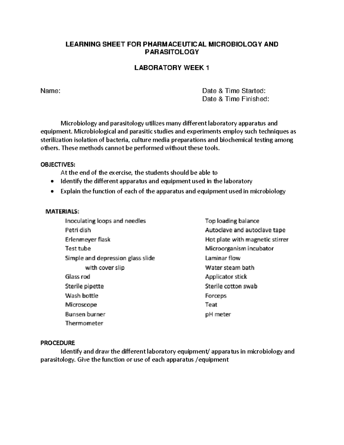 Apparatus - Micro lab - LEARNING SHEET FOR PHARMACEUTICAL MICROBIOLOGY ...