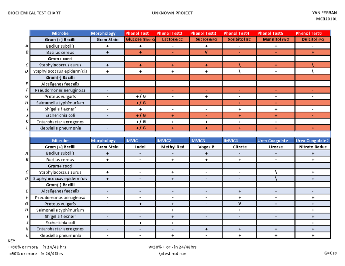 Biochemical tests chart - BIOCHEMICAL TEST CHART UNKNOWN PROJECT YAN ...