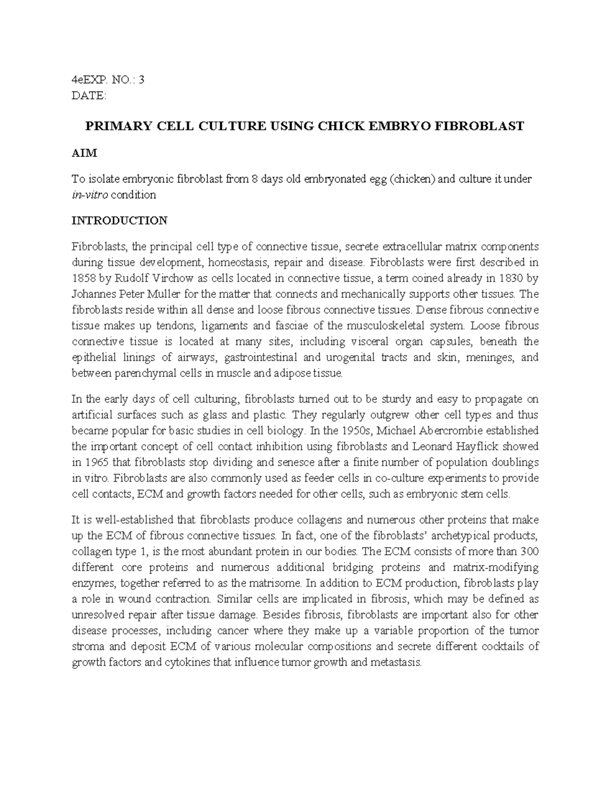 ABT Lab Experiment 3: Primary Cell Culture of Chick Embryo Fibroblasts ...
