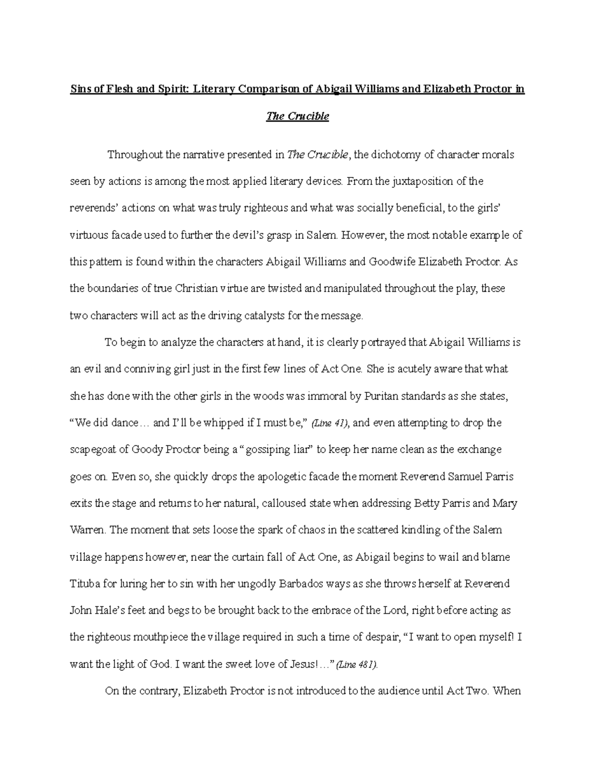 The Crucible: Literary Analysis of Abigail Williams & Elizabeth Proctor ...