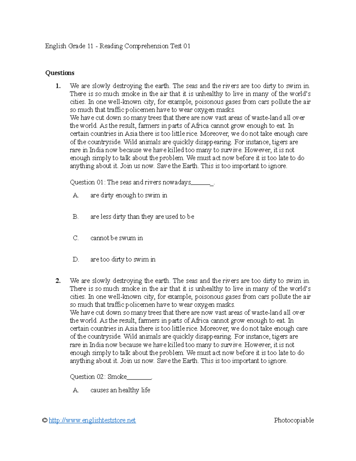 English Grade 11 - Reading Comprehension Test 01-converted ...