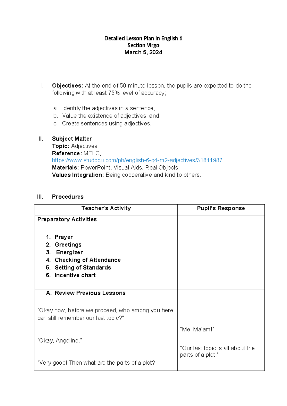 Detailed Lesson Plan for English 6 - Focus on Adjectives - Studocu