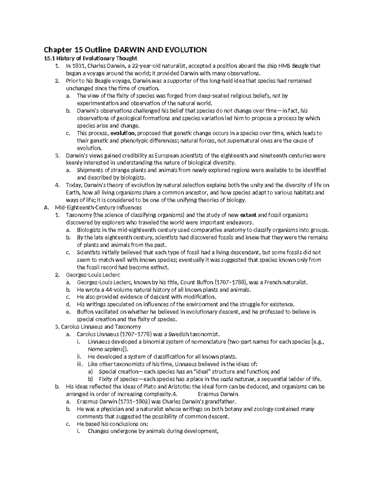 Darwin and Evolution: Chapter 15 Outline for Biology Course (BIO101 ...
