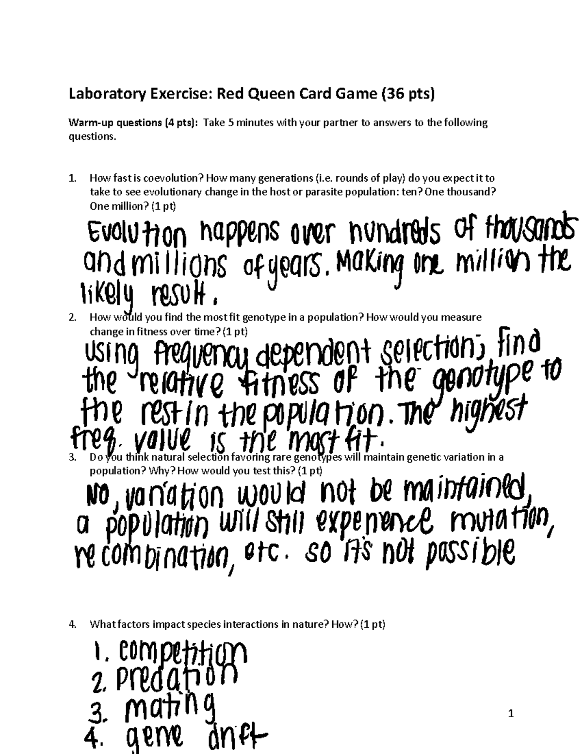 Red Queen Lab Exercise (BIOL 101): Coevolution Game Activities and ...