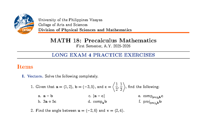 Updated MATH 18: Precalculus Long Exam 4 Practice Exercises - Studocu