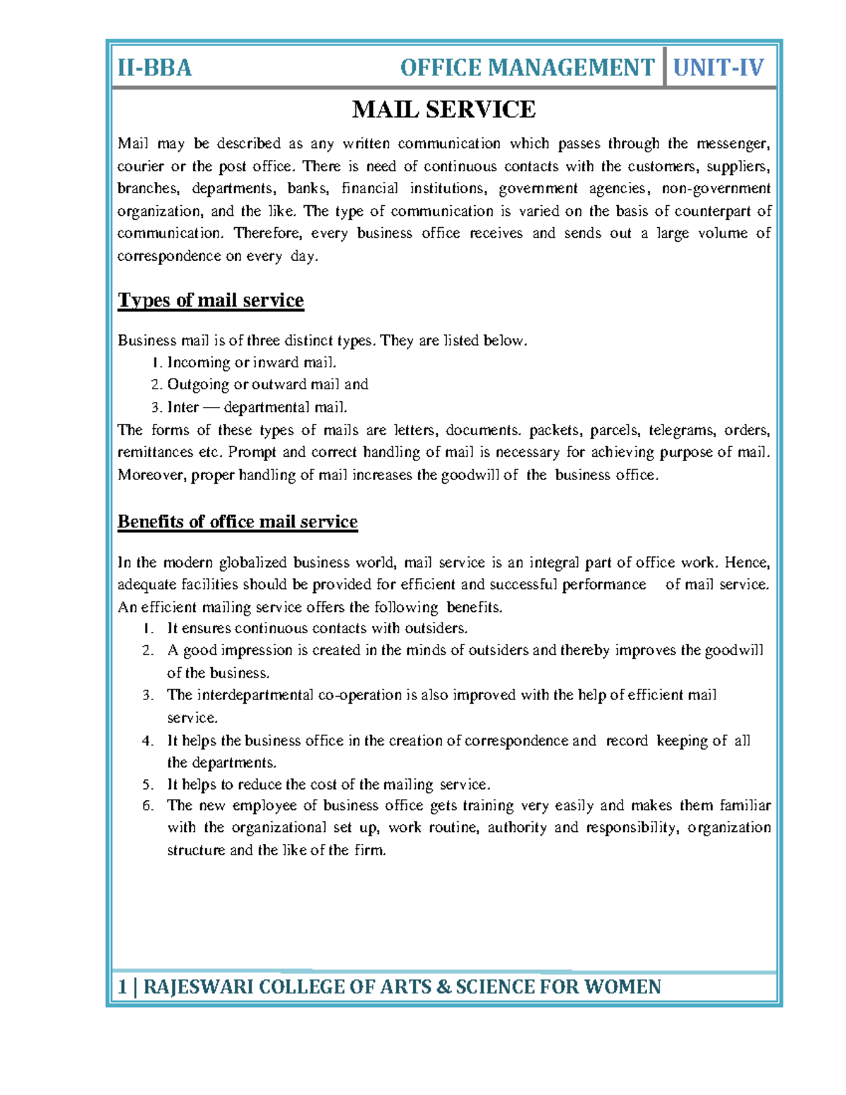 II-BBA-OM-UNIT-4&5 - OFFICE MANAGEMENT NOTES: MAIL SERVICE OVERVIEW ...