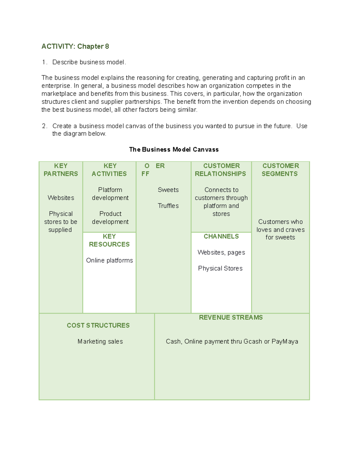 Entrepreneurship Activity Lesson 8 - ACTIVITY: Chapter 8 Describe ...
