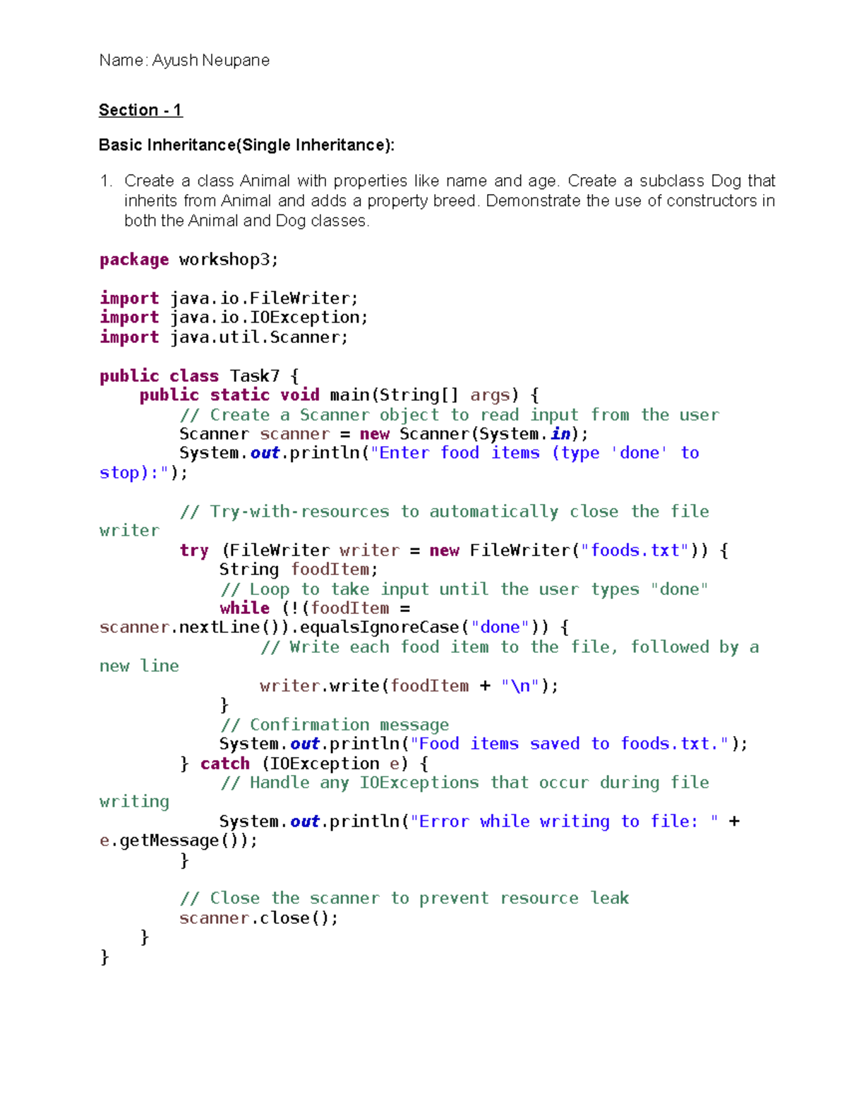 Ayush Neupane 2434735 Workshop - Section - 1 Basic Inheritance(Single Inheritance): 1. Create a ...