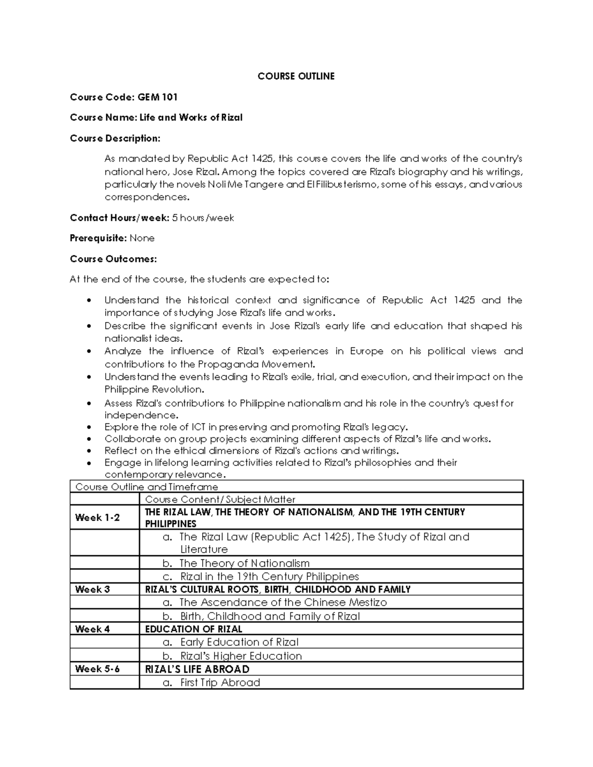 GEM 101: Course Outline on the Life and Works of Jose Rizal - Studocu