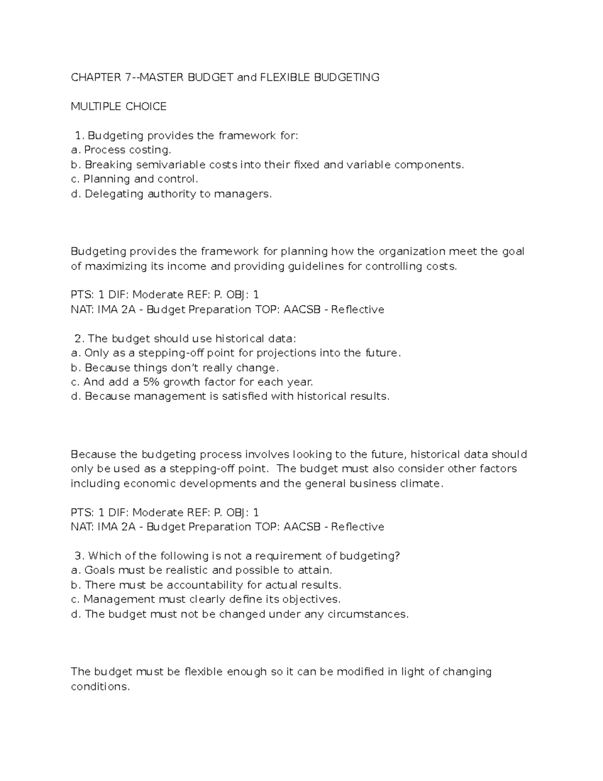 Chapter 7: Master Budgeting & Flexible Budgeting Concepts and Methods ...