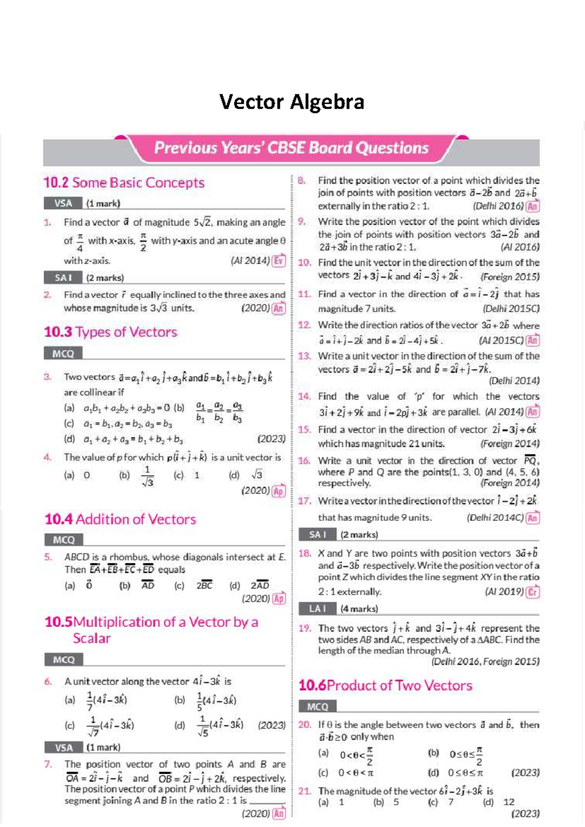 Chapter 11 - Vectors: Previous CBSE Board Questions and Solutions - Studocu