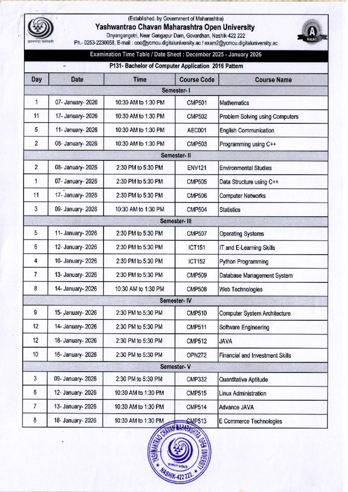 BCA Exam Time Table: Dec 2025 - Jan 2026 (P131) - Studocu