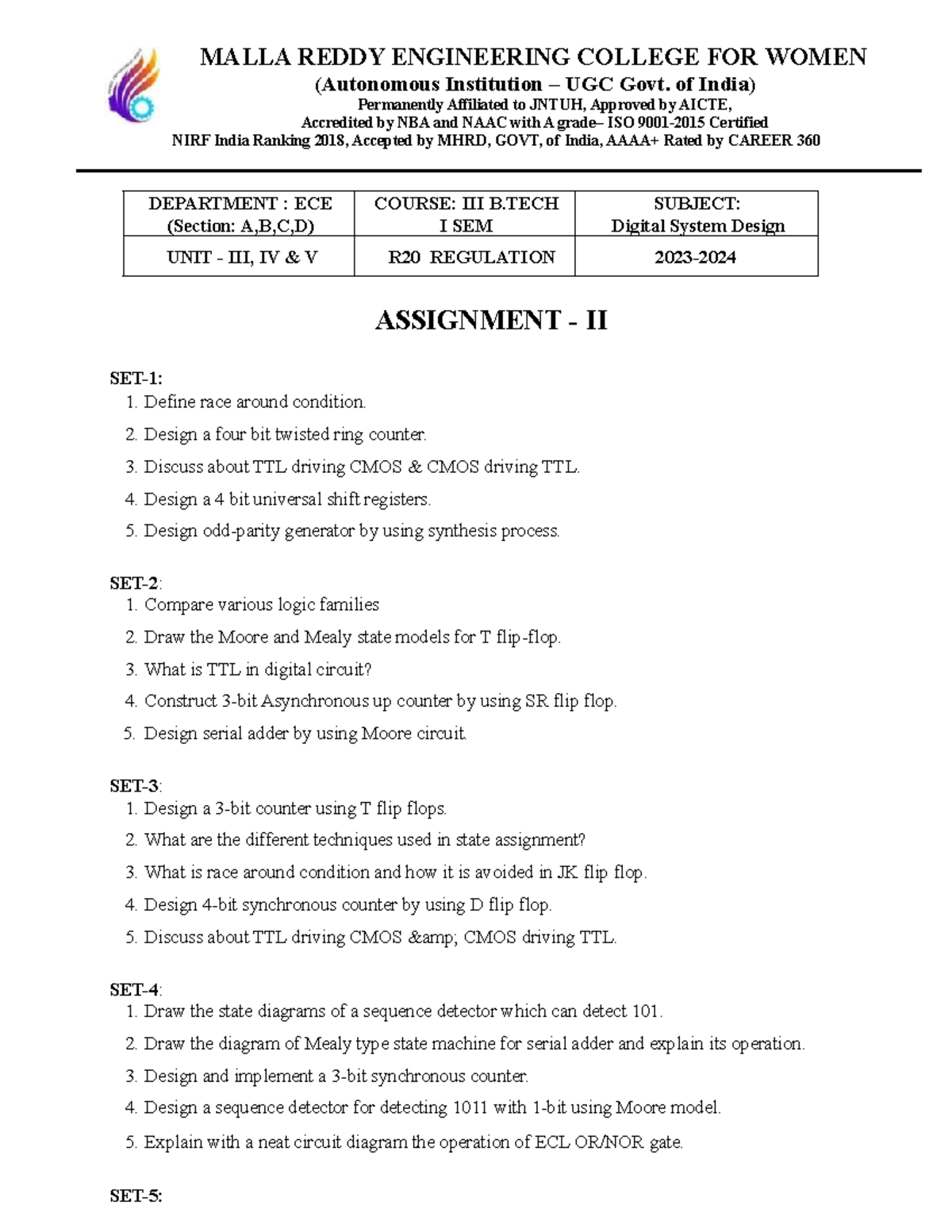 DSD Assignment-2 ECE - STUDY MATERIAL - MALLA REDDY ENGINEERING COLLEGE FOR WOMEN (Autonomous ...