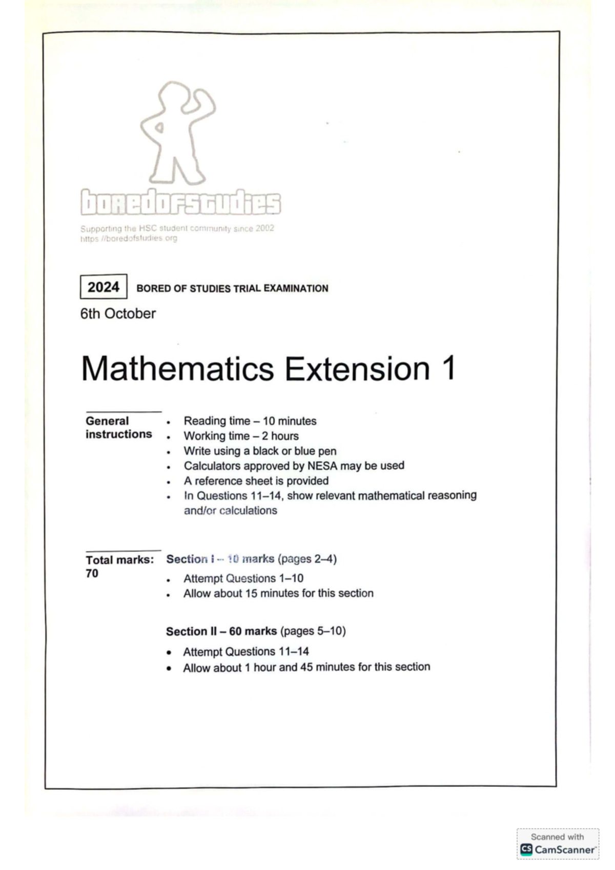 BOS 2024 E1 - Year 12 Mathematics Extension 1 Trial Examination - Studocu