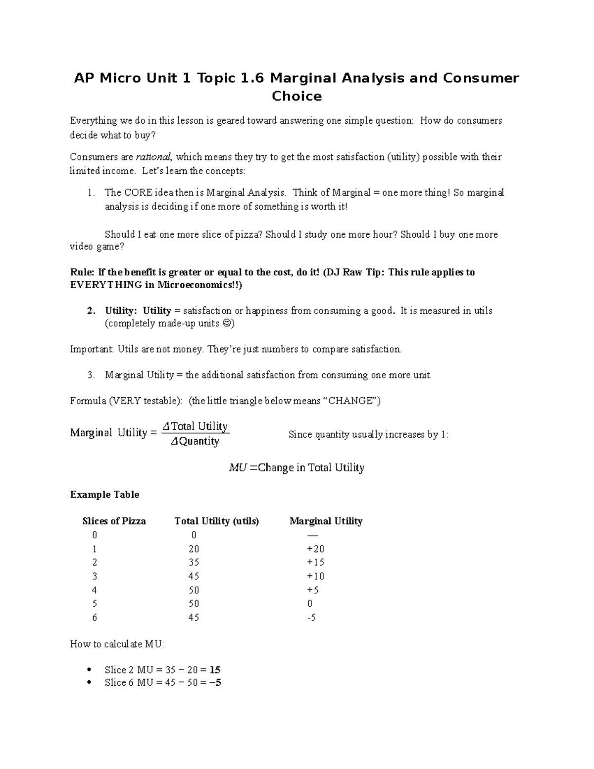 AP Micro Unit 1.6: Marginal Analysis & Consumer Choice - Studocu
