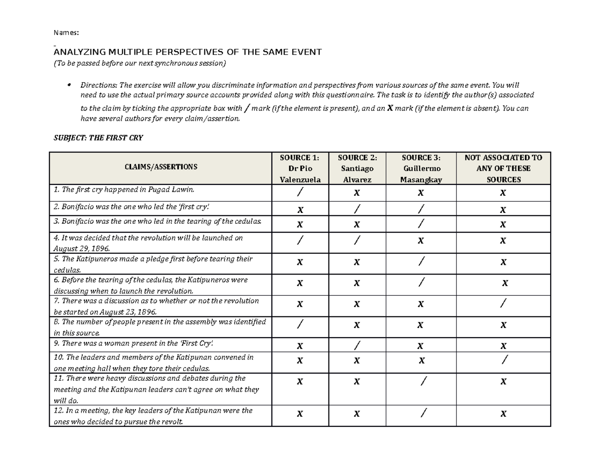 Analyzing Multiple Perspectives OF THE SAME Event - Names: ANALYZING ...