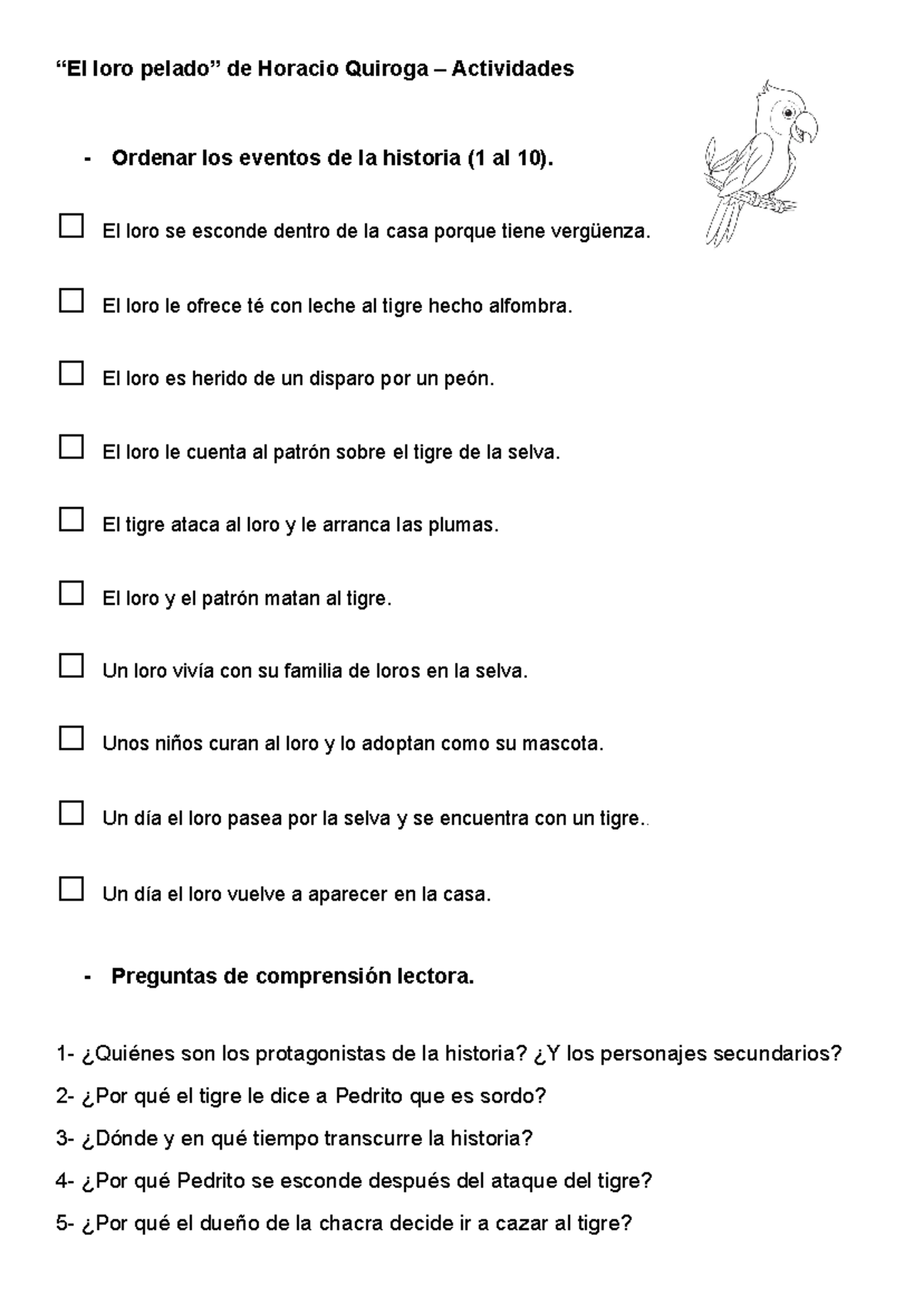 Actividades sobre "El loro pelado" - Literatura 101 - Studocu