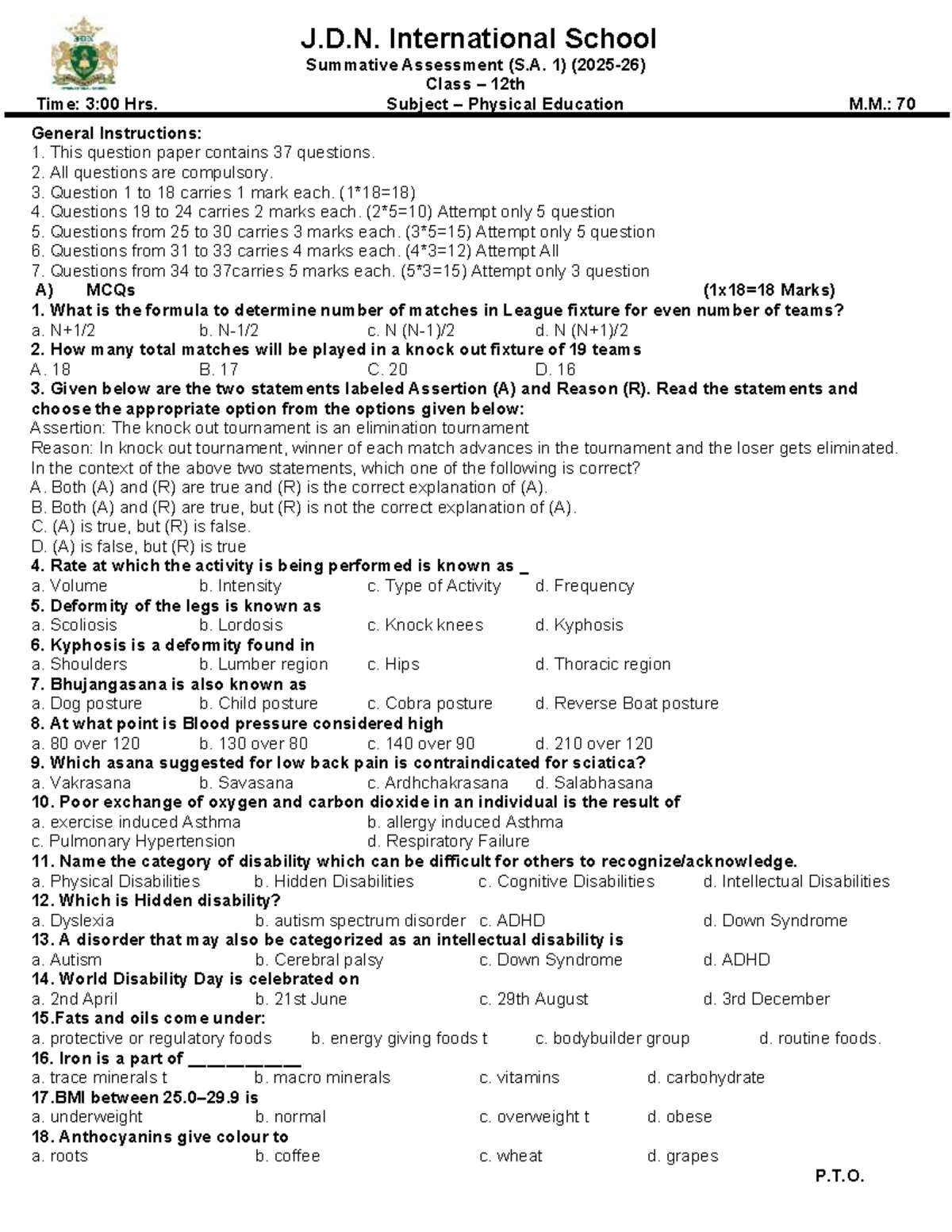 12th PHE SA 1 - Summative Assessment Practice Paper - Studocu