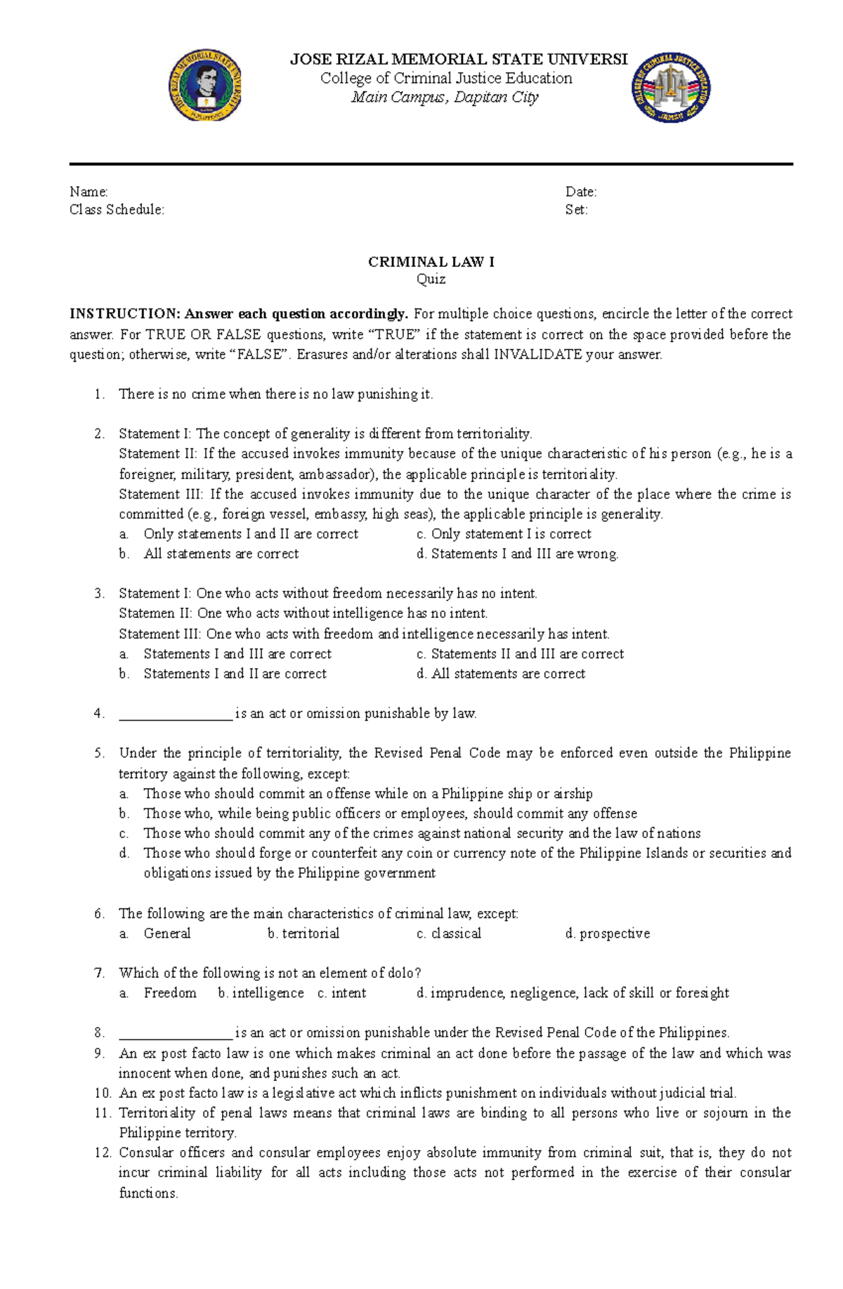 Quiz 1 - General Principles - Article 4 - JOSE RIZAL MEMORIAL STATE ...