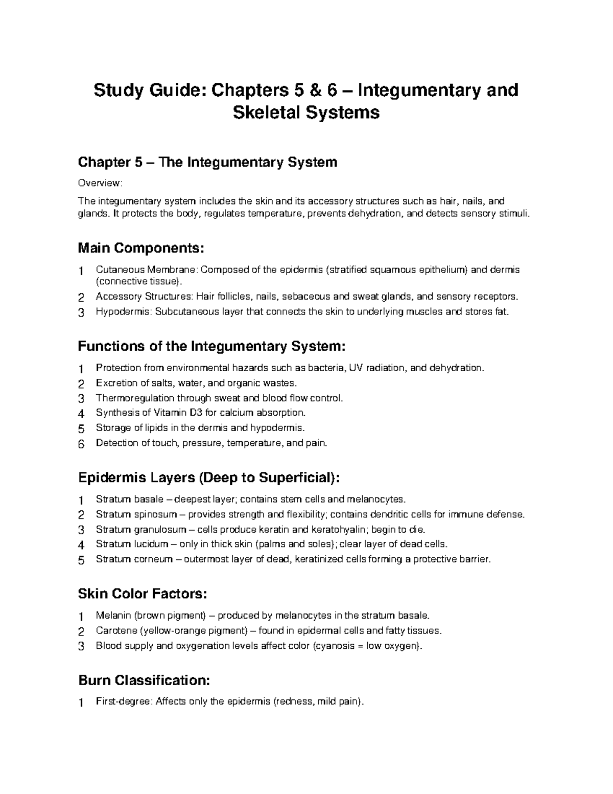 Ch5 Ch6 Study Guide: Integumentary & Skeletal Systems Overview - Studocu