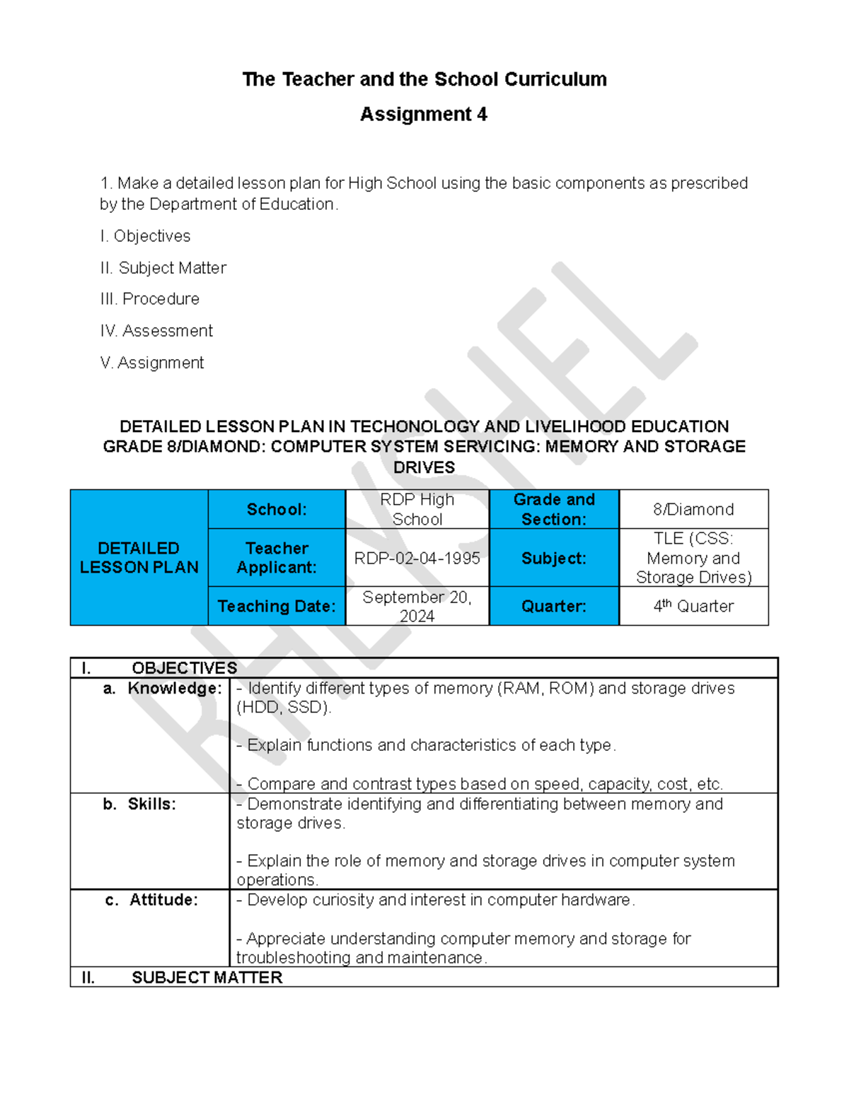 Assignment 4-R: Detailed Lesson Plan on Memory & Storage Drives - Studocu