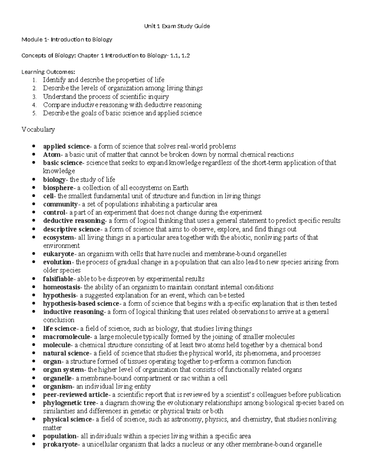 Biology 101: Unit 1 Exam Study Guide & Key Concepts - Studocu