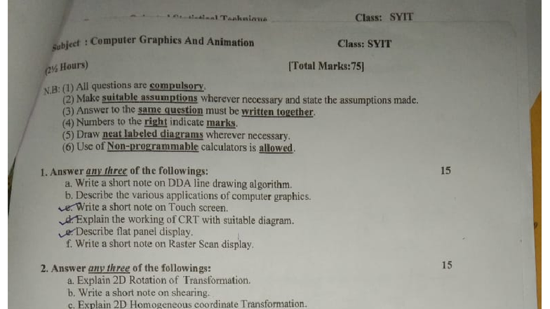 Computer Graphics & Animation PYQ: SYIT Technique Class - Studocu