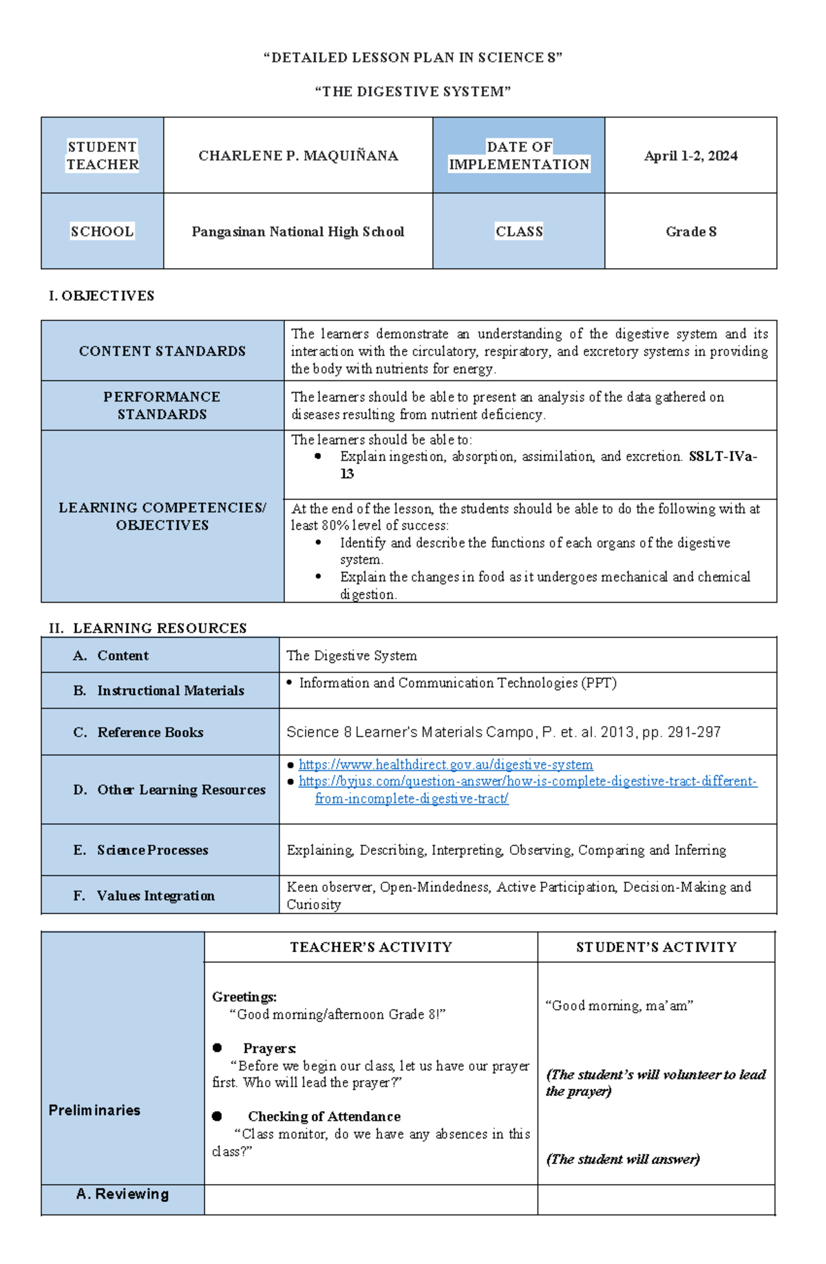 Science 8 Lesson Plan: Understanding the Digestive System - Studocu