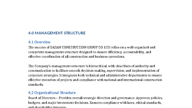 4.0 MANAGEMENT STRUCTURE OF DAJIAN CONSTRUCTION GROUP CO. LTD - Studocu
