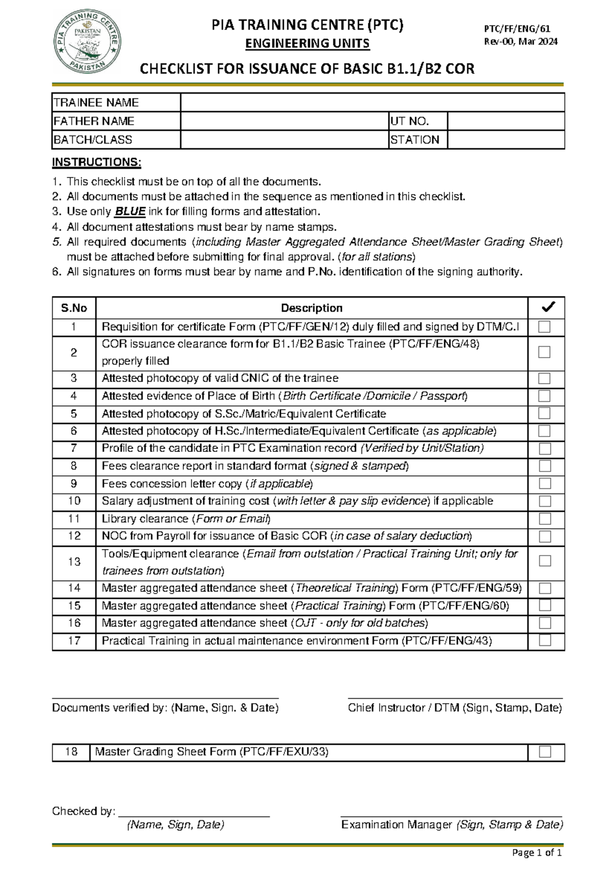 ENG-61 Checklist for Issuance of Basic B1.1-B2 COR Rev-0 Mar 2024 - Studocu