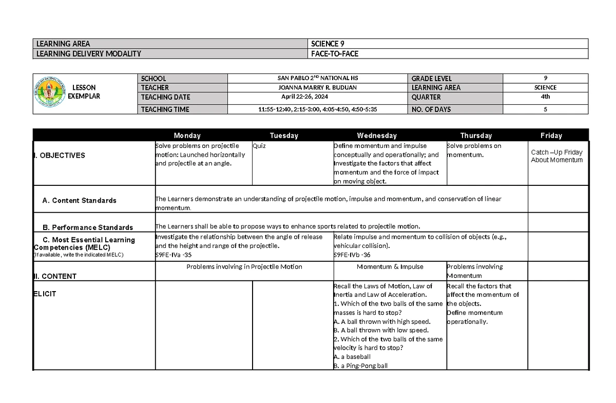 Week 4 Lesson Log: Science Grade 8 - Inheritance Patterns and Organ ...