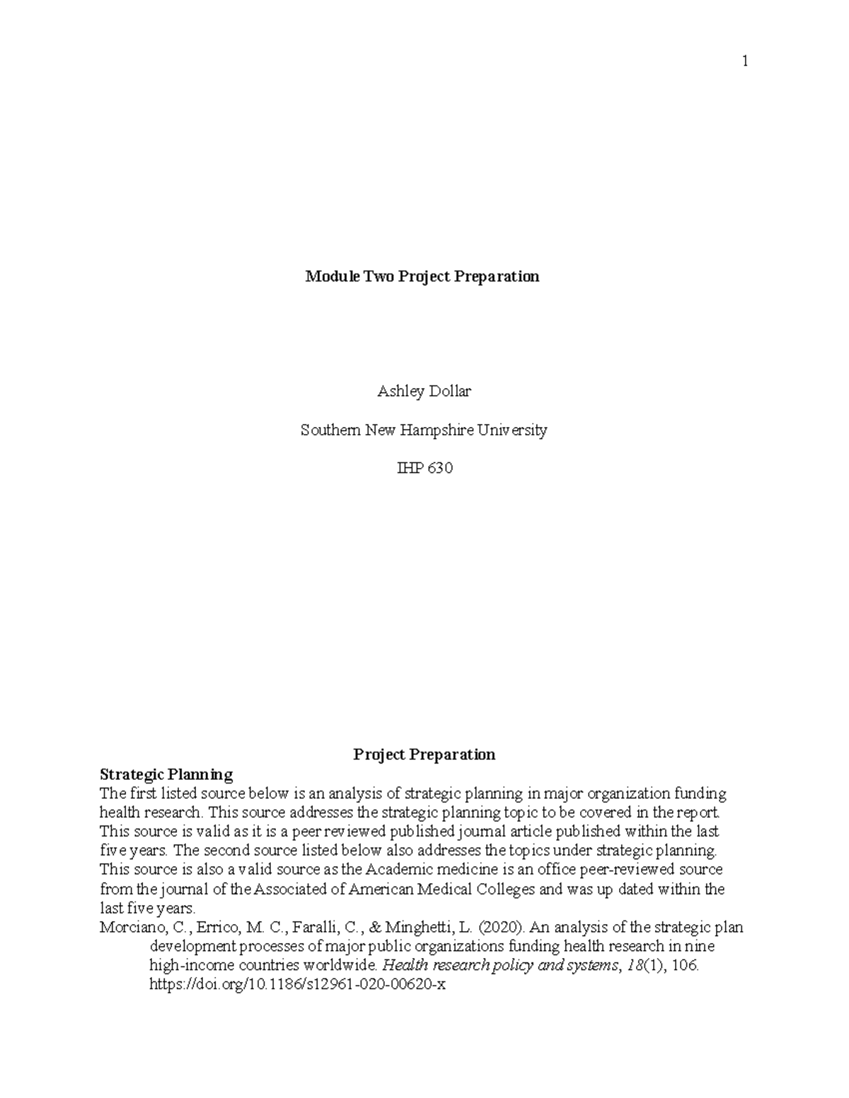 IHP 630: Module Two Project Preparation on Strategic Planning and ...