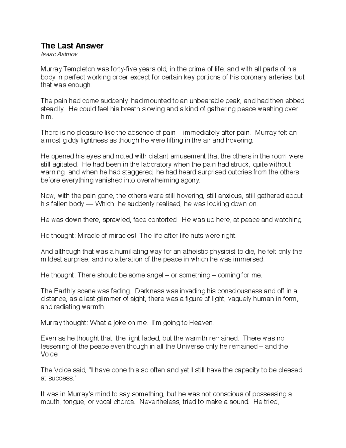 The Last Answer - Cuento de Isaac asimov - The Last Answer Isaac Asimov ...
