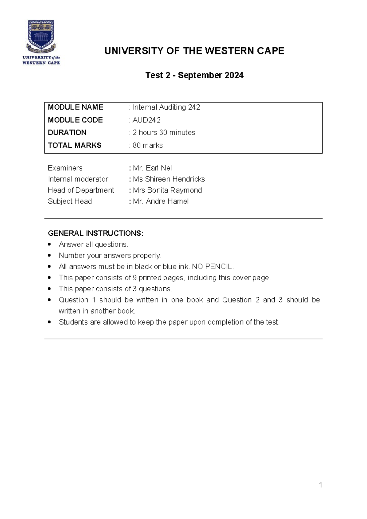 AUD242 Term Test 2 2024 - UNIVERSITY OF THE WESTERN CAPE Test 2 ...