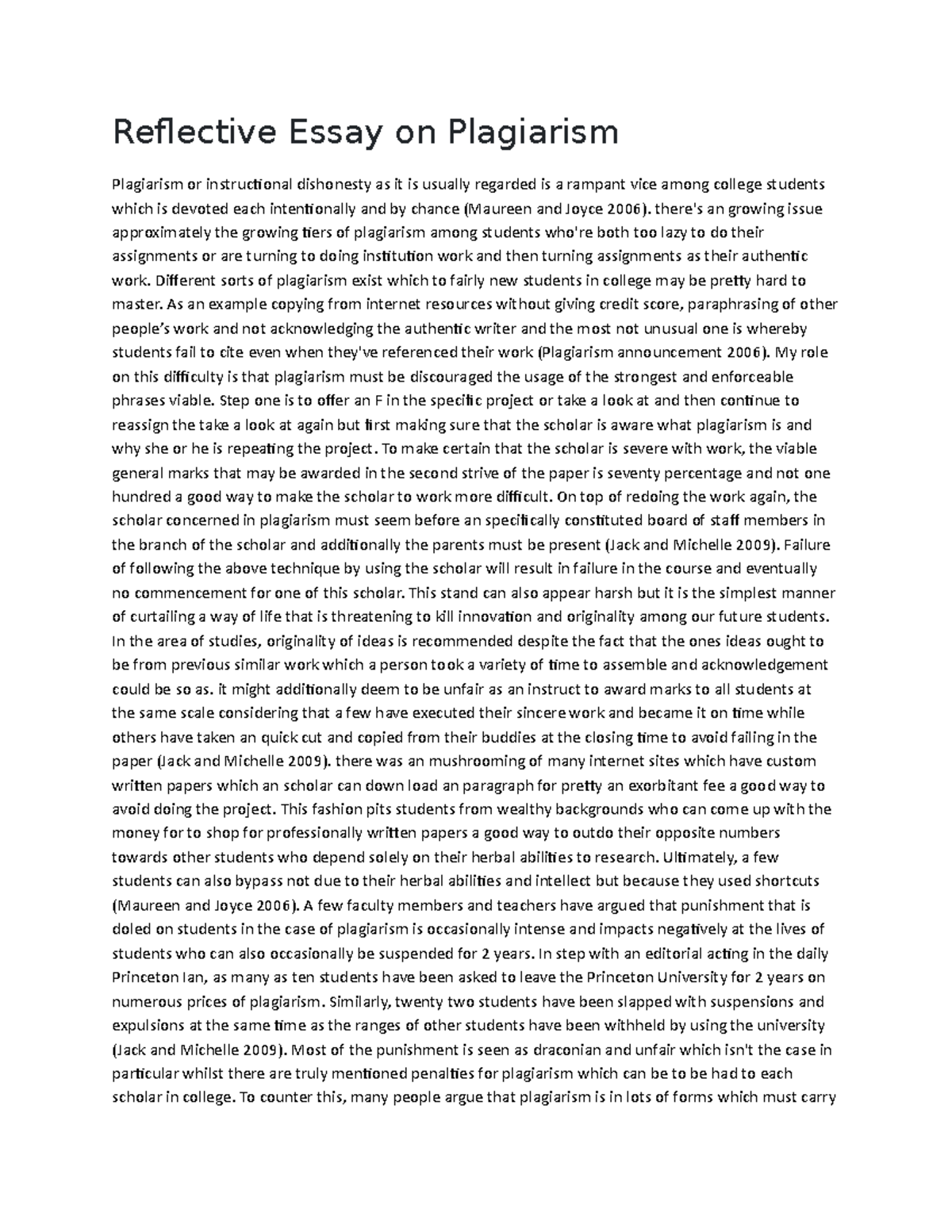 Reflective Essay on Plagiarism - Reflective Essay on Plagiarism ...