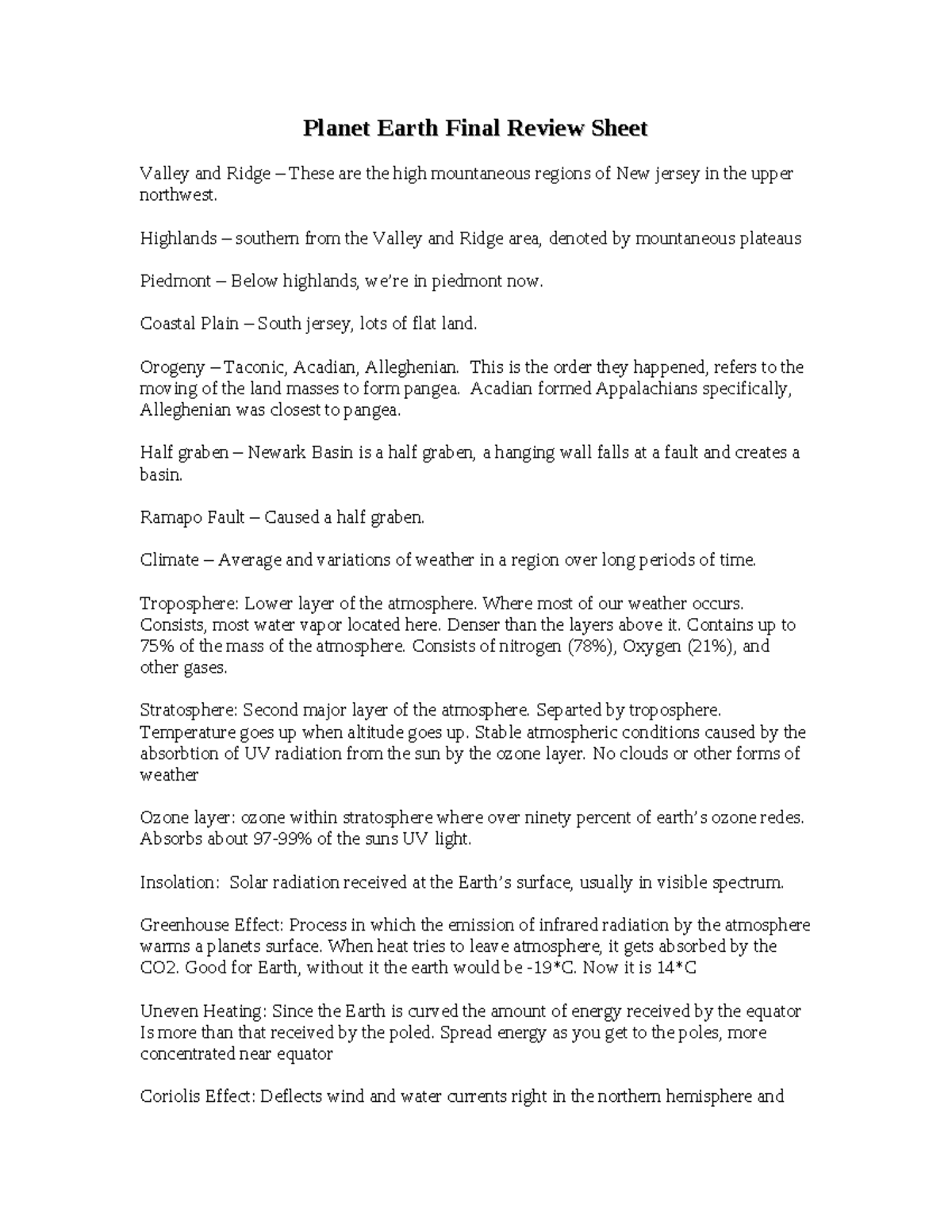 Planet Earth (GEOL 101) Final Review Sheet: Key Concepts and Terms ...